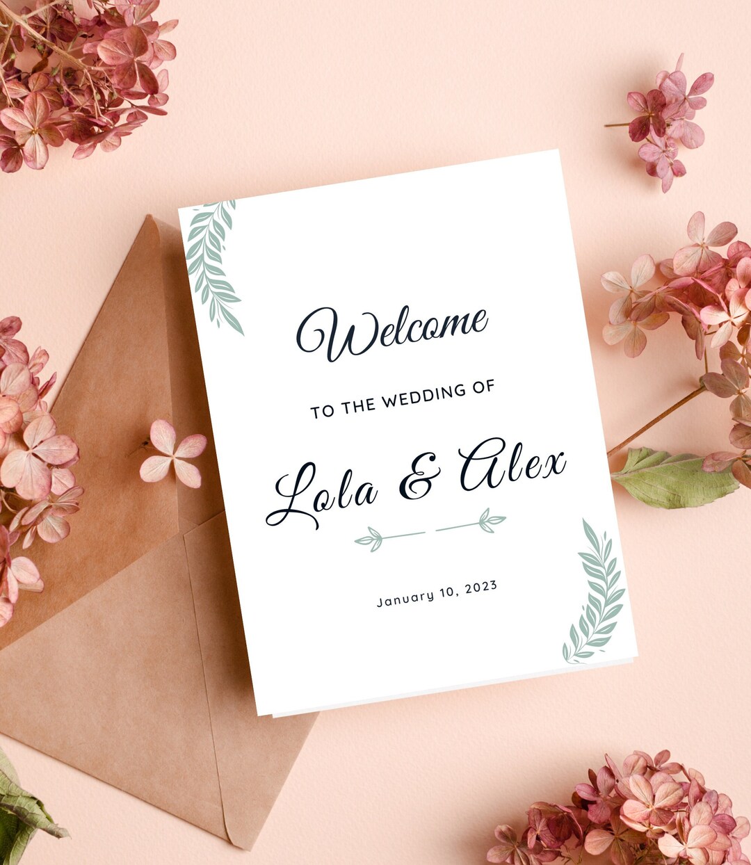 Wedding Event Card Template, Wedding Welcome Bag Note, Green Organic ...