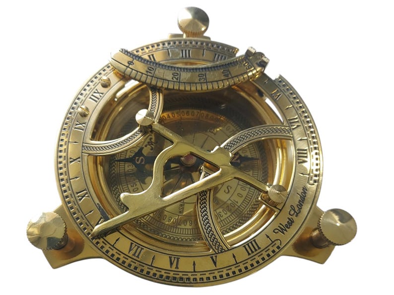 4.5" Vintage Brass Compass With Sundial & Wooden Case Directional ...