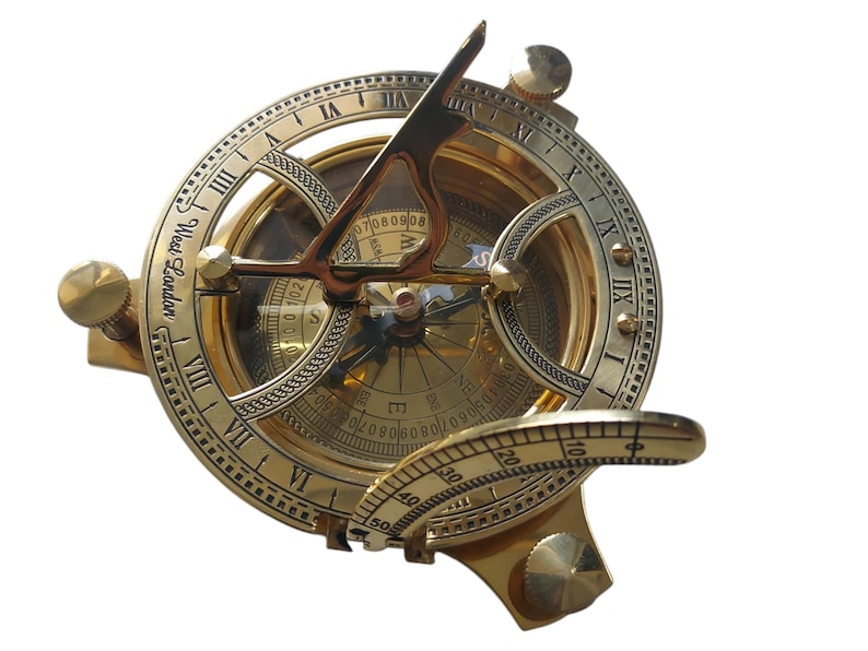 4.5" Vintage Brass Compass With Sundial & Wooden Case Directional ...