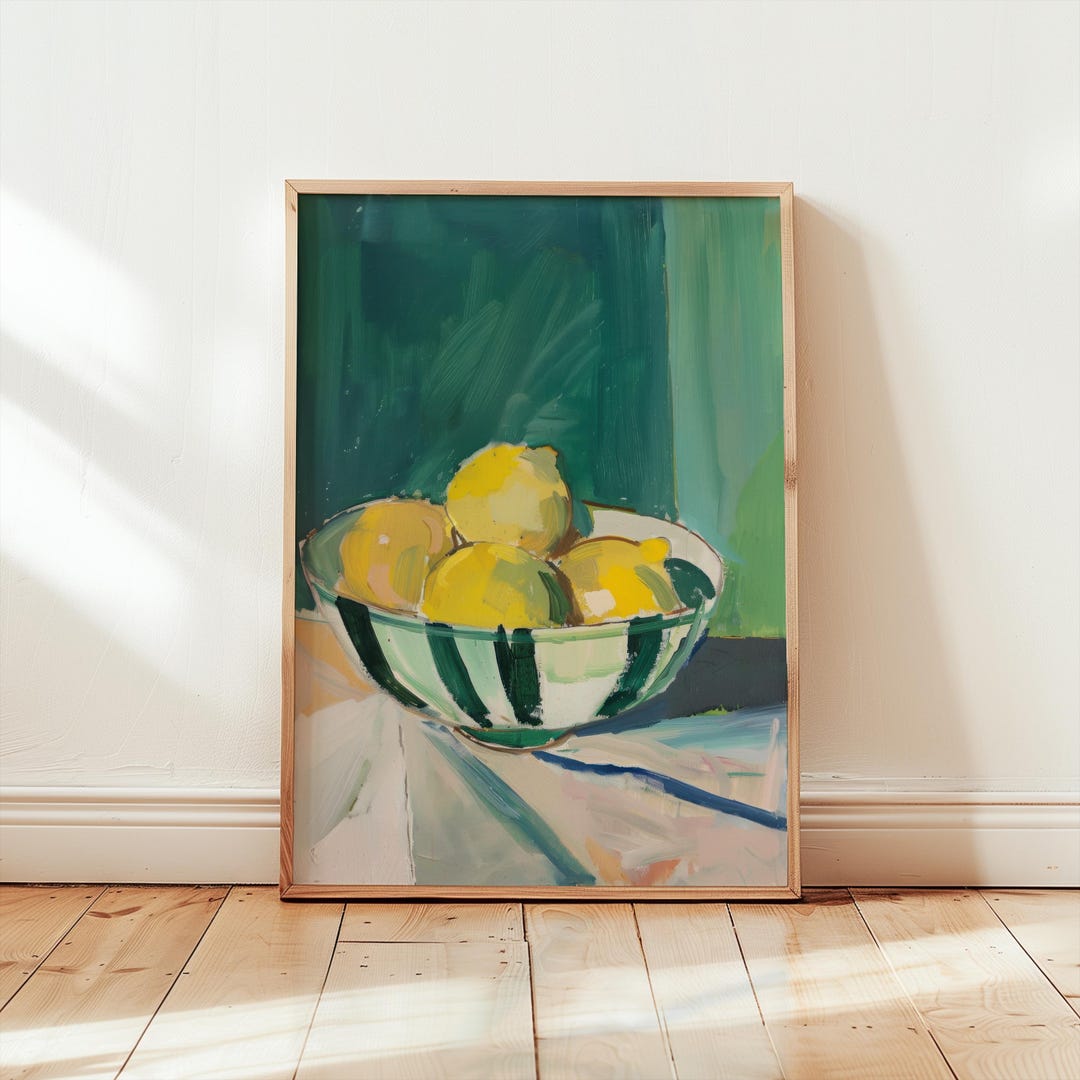 Bold Still Life Lemon Art Print | Painterly Green Kitchen Poster ...
