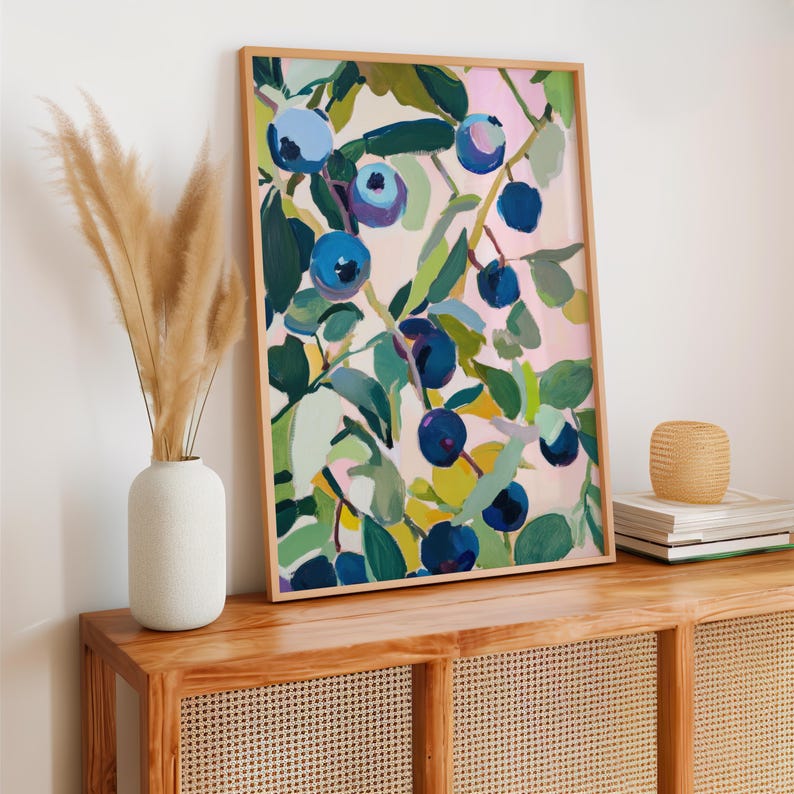 Blueberry Posters | Botanical Fruit Print | Vibrant Kitchen Decor ...