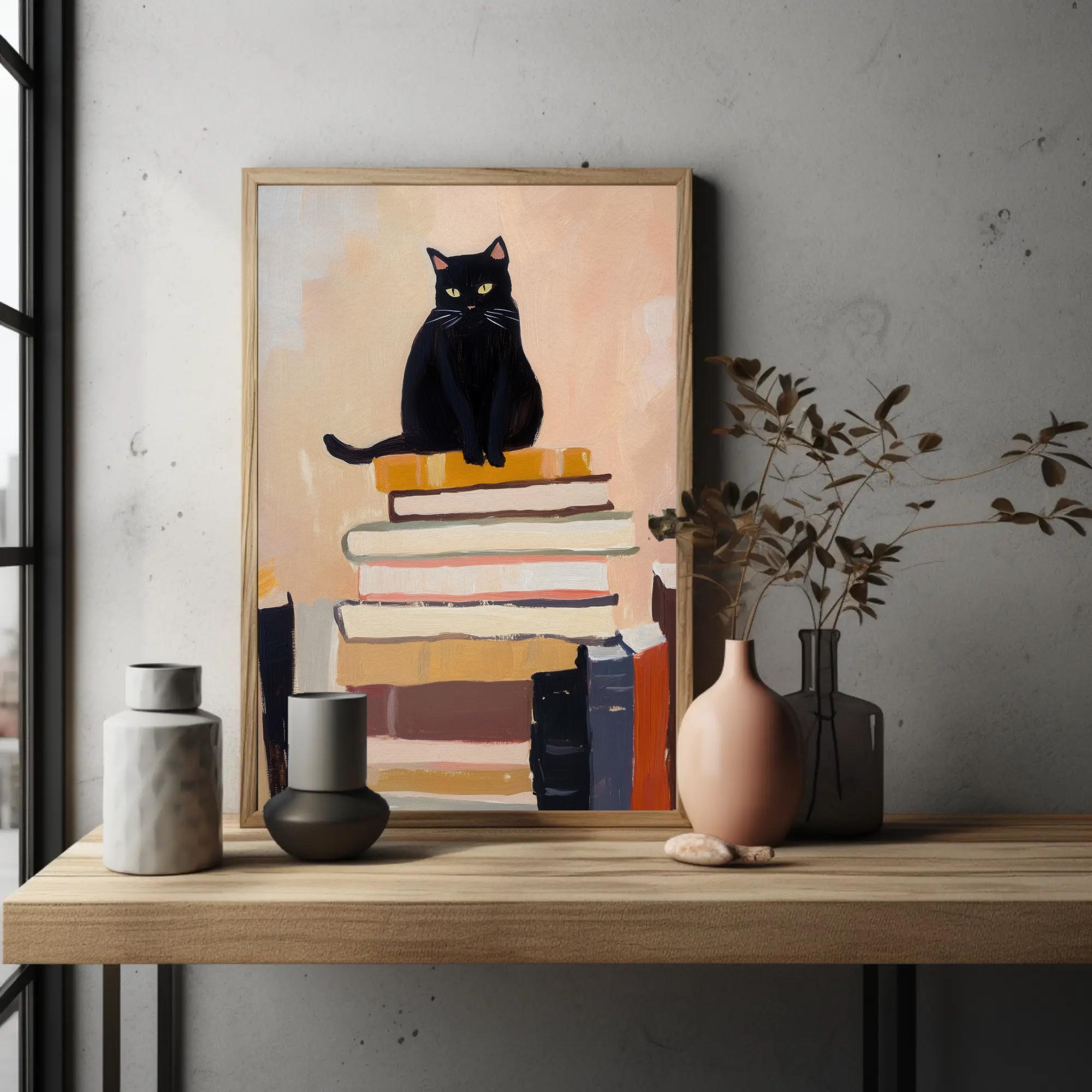 Books Posters | Cat Poster | Cat Sitting on Books Art Print | Reading ...