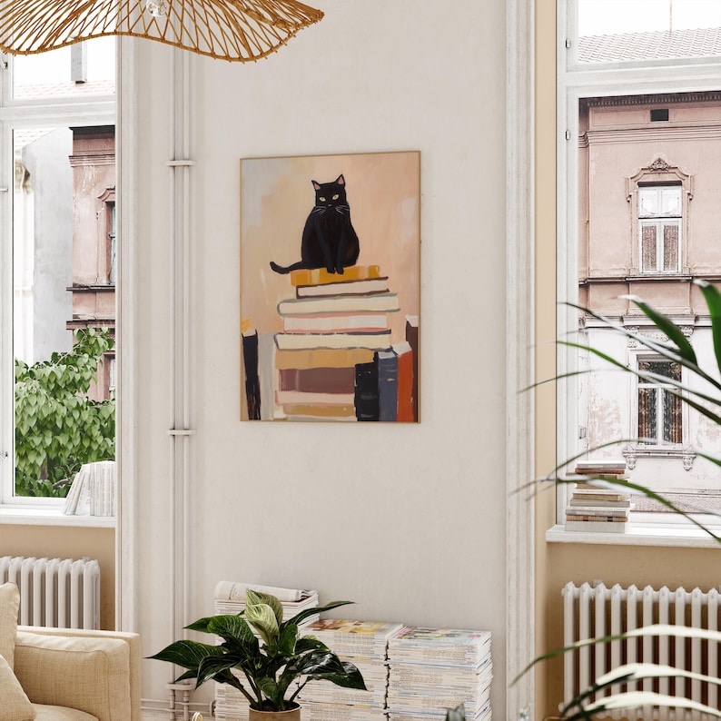Books Posters | Cat Poster | Cat Sitting on Books Art Print | Reading ...