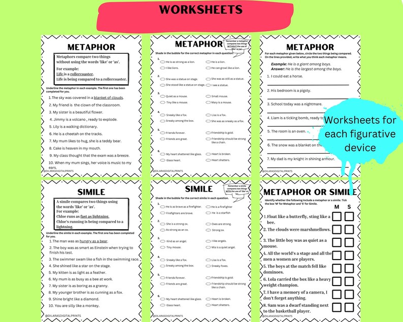 Figurative Language Worksheets: Metaphor Simile - Etsy
