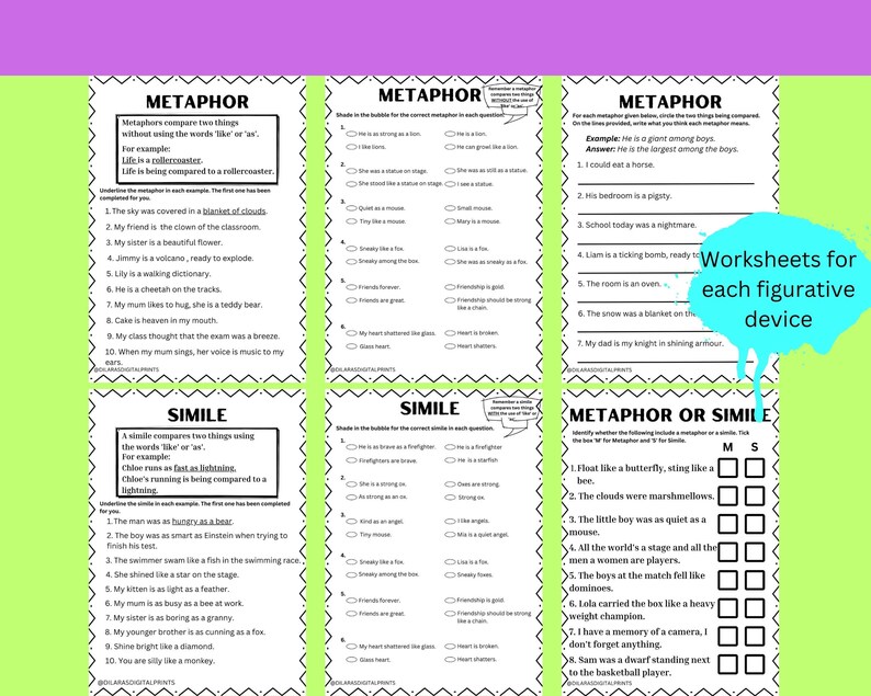 Figurative Language Worksheets: Metaphor, Simile, Personification ...
