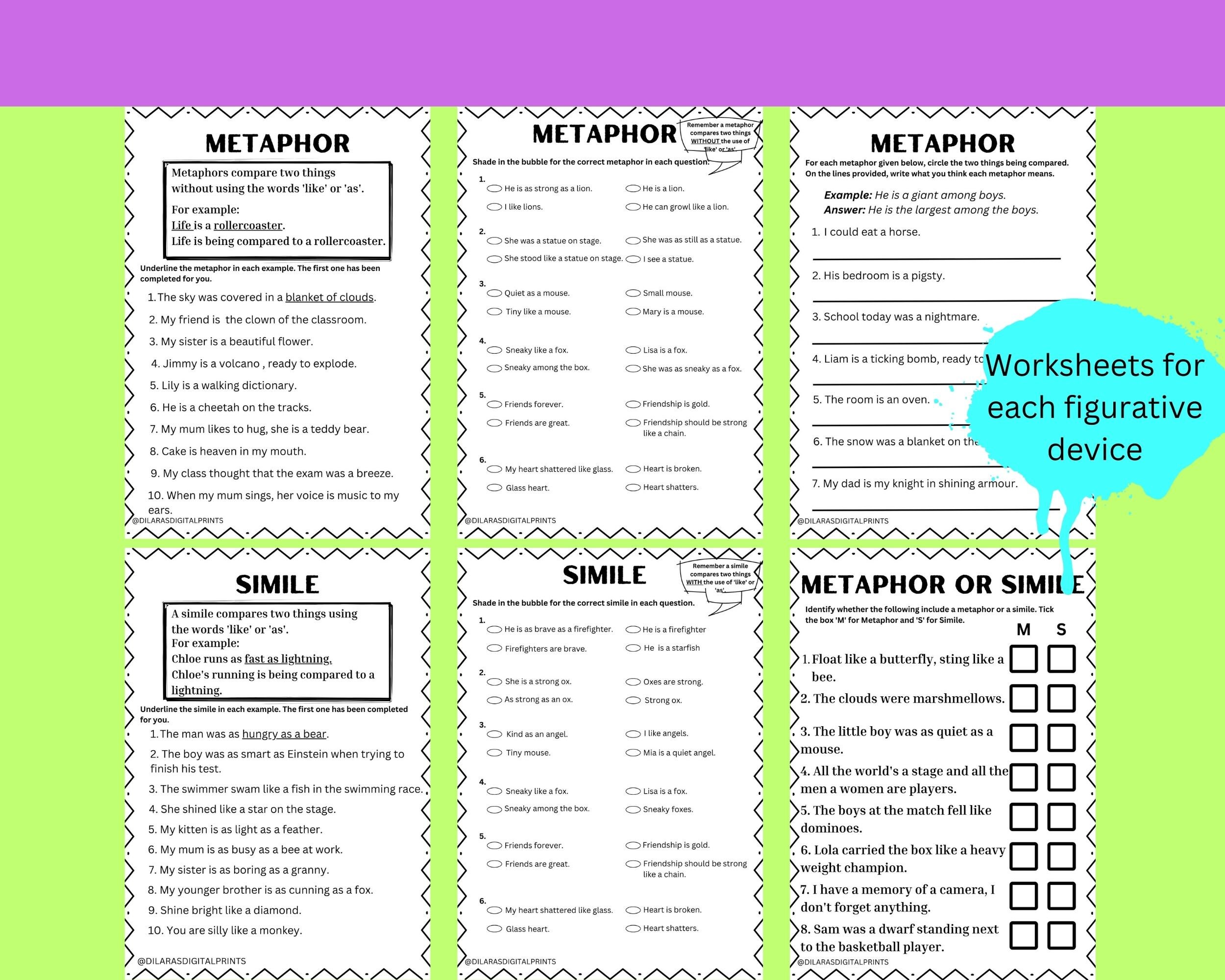 Figurative Language Worksheets: Metaphor, Simile, Personification ...