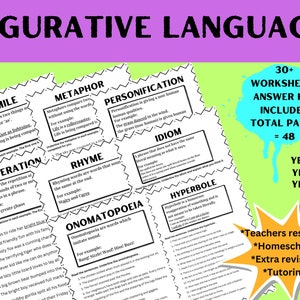Figurative Language Worksheets: Metaphor, Simile, Personification, Onomatopeia, Rhyme, Imagery ...