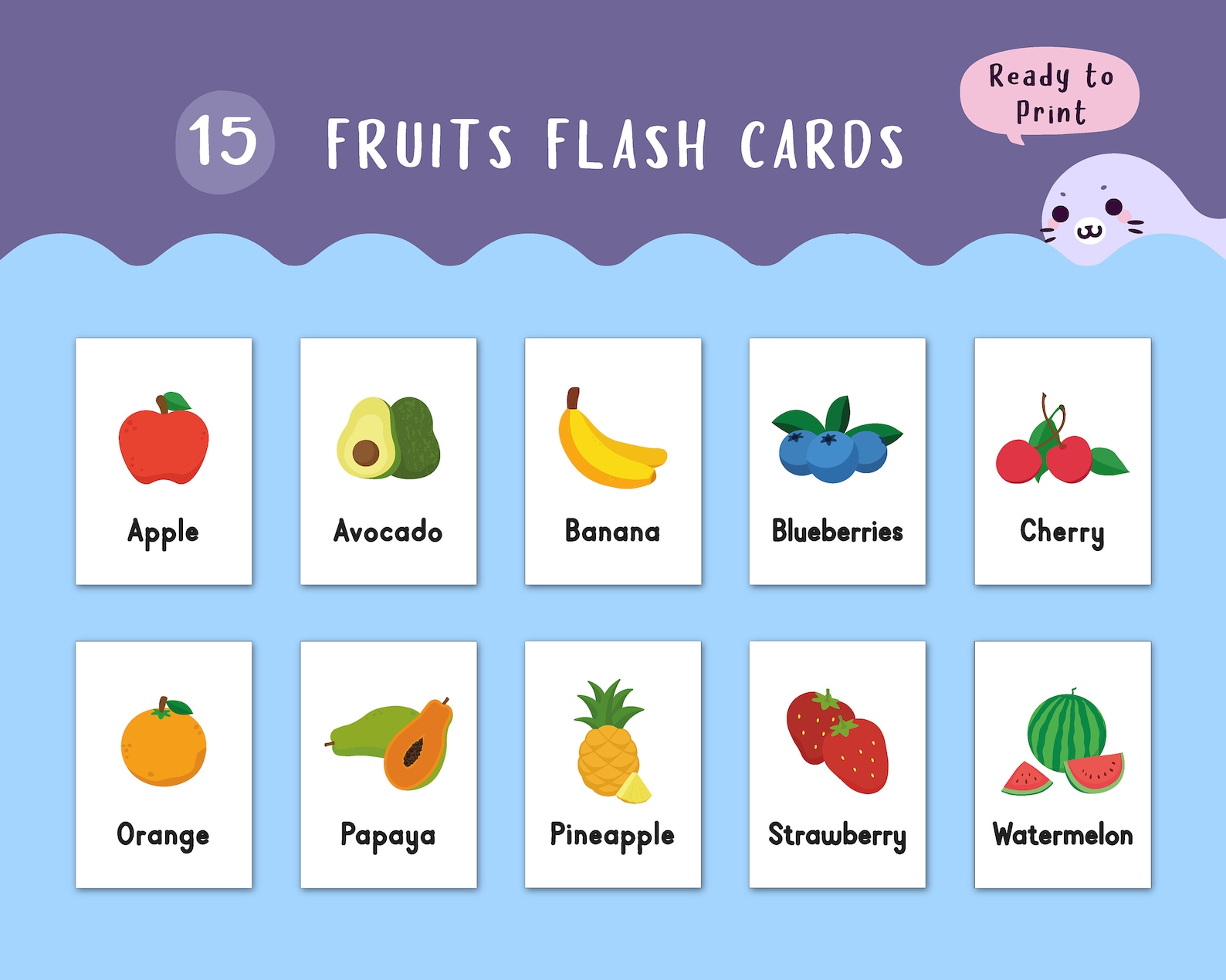 15 Fruits Flash Card, Educational Materials, Pre-school Printable, Kids ...