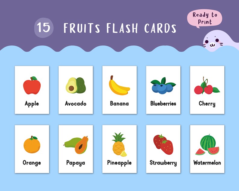 15 Fruits Flash Card, Educational Materials, Pre-school Printable, Kids ...