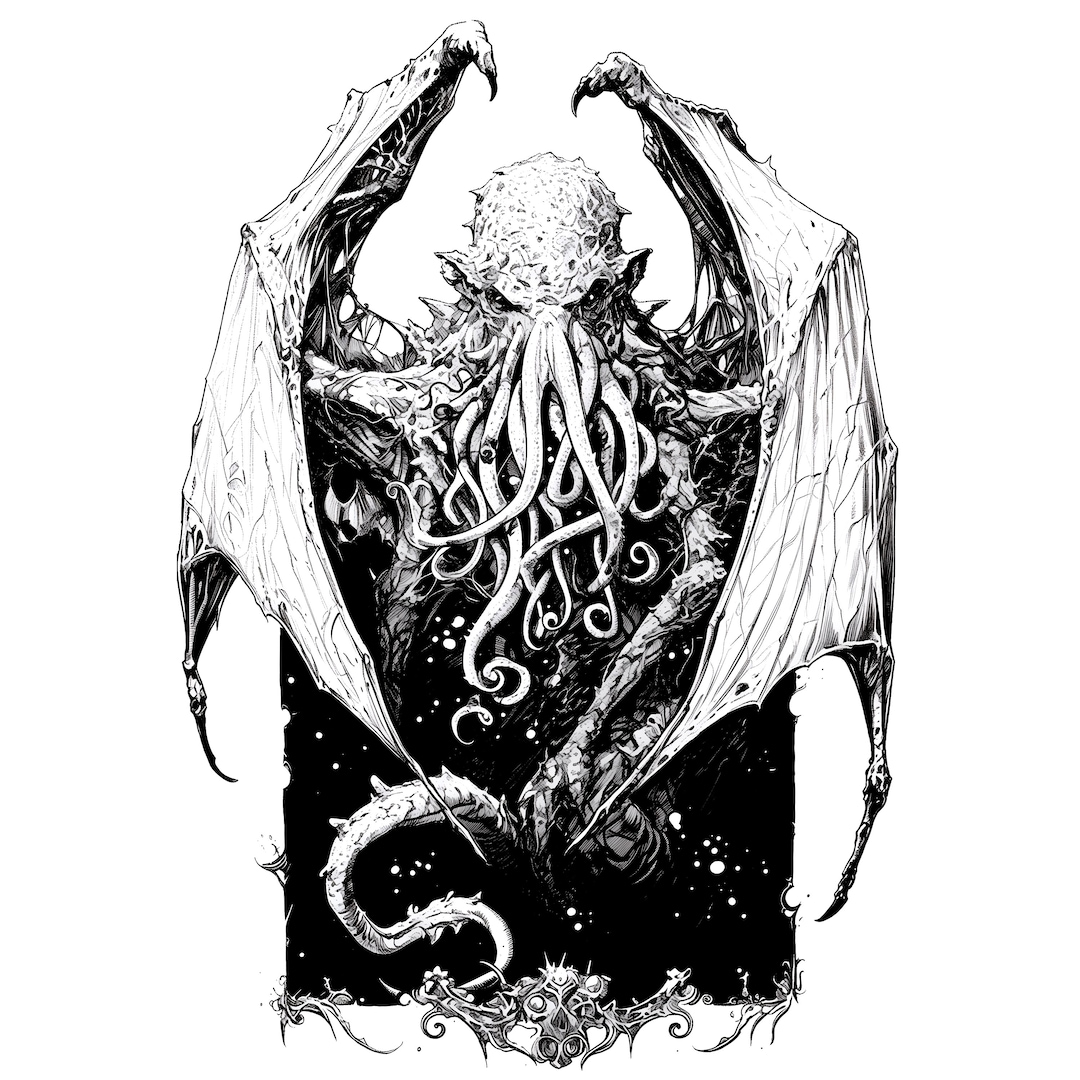 Cthulhu Black and White T-shirt HP Lovecraft Cosmic Horror Gift Tshirt ...