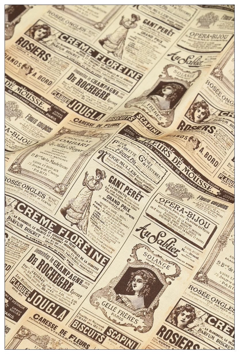 Vintage Fabric Retro Fabric Newspaper Fabric Cotton Fabric by Half Yard ...