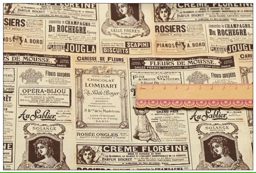 Vintage Fabric Retro Fabric Newspaper Fabric Cotton Fabric by Half Yard ...