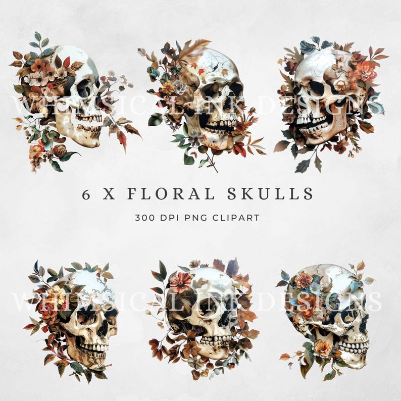 Floral Skull Clipart, Skull Png, Gothic Skull Clipart, Floral Skull ...