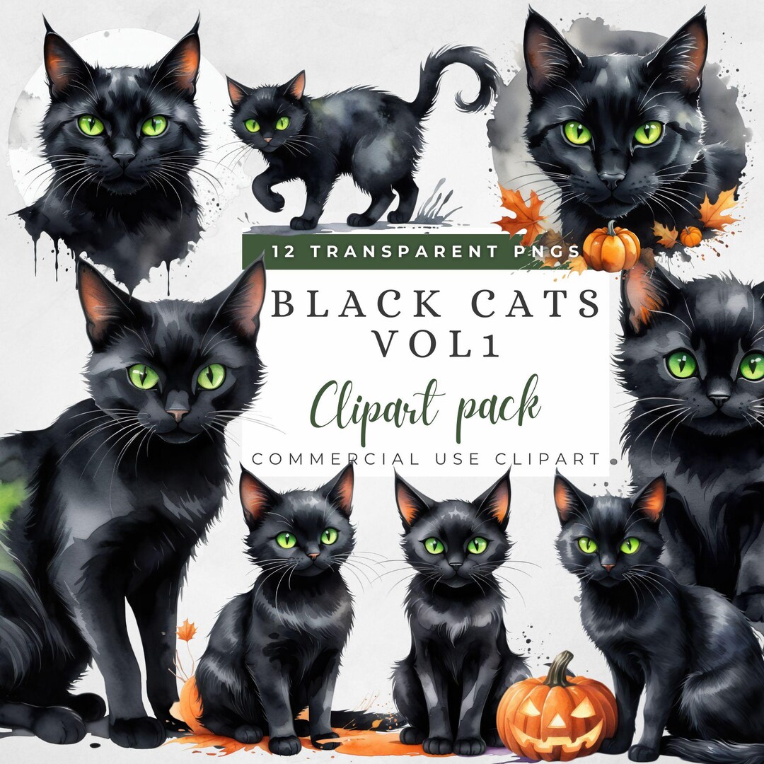 Watercolor Black Cats Clipart, Black Cat Clipart, Celestial Black Cat ...