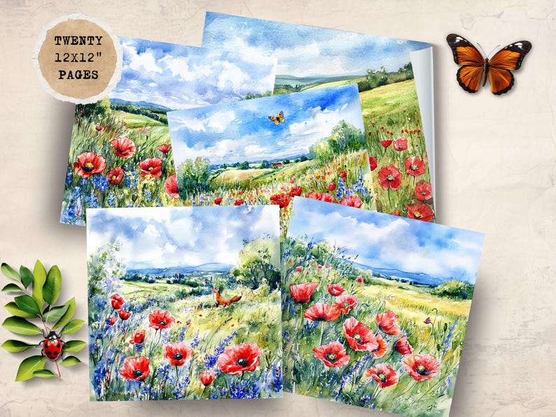 Watercolour Poppy Field Digital Paper, Poppy Digital Paper, Poppies ...