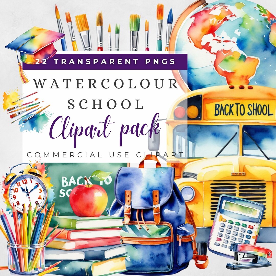 Watercolour School Clipart, Backpack Clipart, Back to School Clipart ...