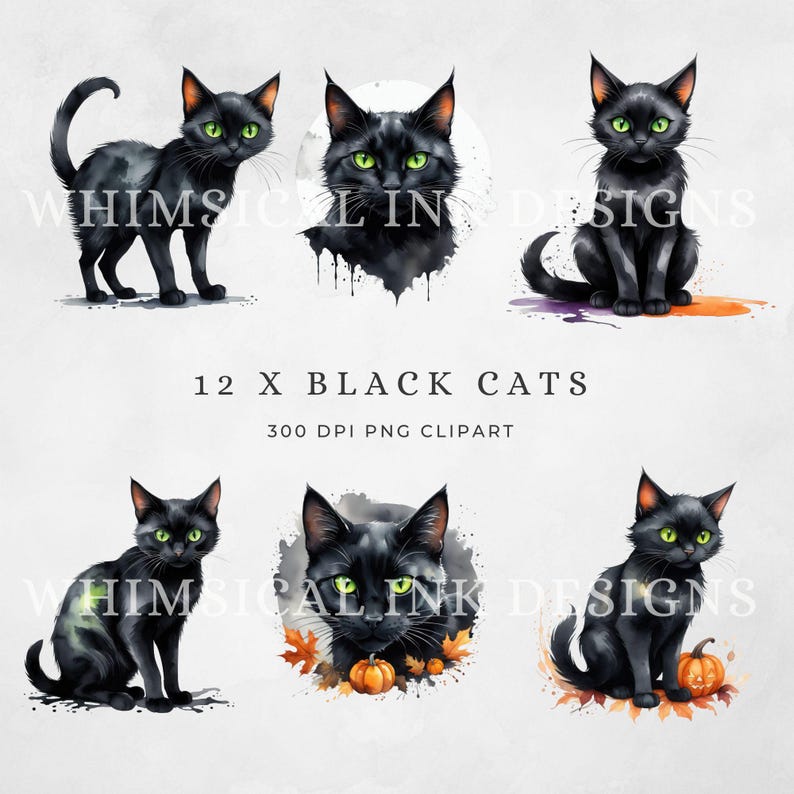 Watercolor Black Cats Clipart, Black Cat Clipart, Celestial Black Cat ...