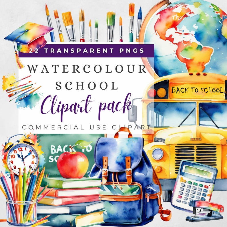 Watercolour School Clipart, Backpack Clipart, Back to School Clipart ...