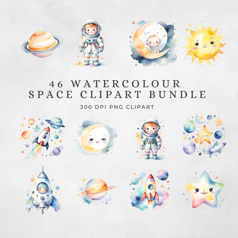 Watercolour Space Clipart Bundle, Astronaut Rocket PNG, Astronaut ...