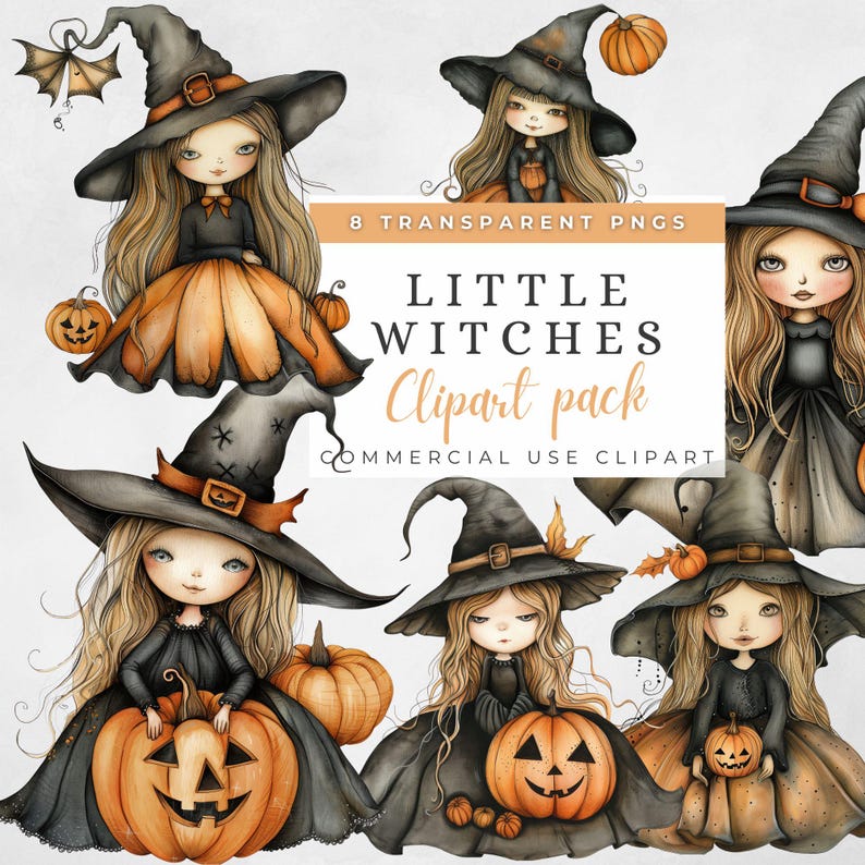 Little Witches, Quirky Cute Witch Clipart, Halloween Clip Art, Pumpkin ...