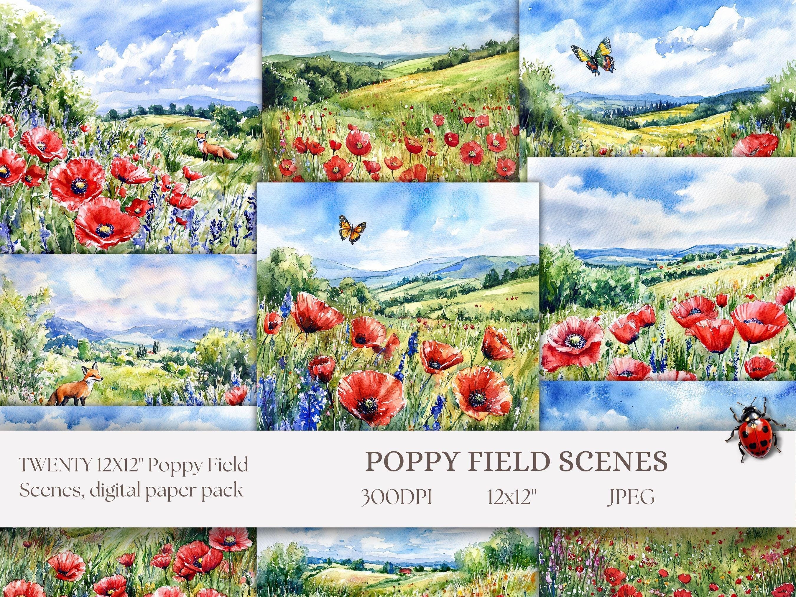 Watercolour Poppy Field Digital Paper, Poppy Digital Paper, Poppies ...