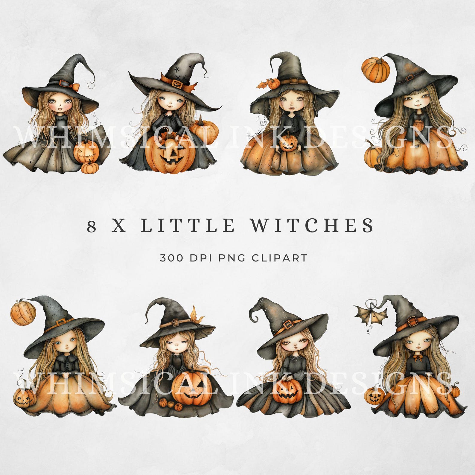 Little Witches, Quirky Cute Witch Clipart, Halloween Clip Art, Pumpkin ...
