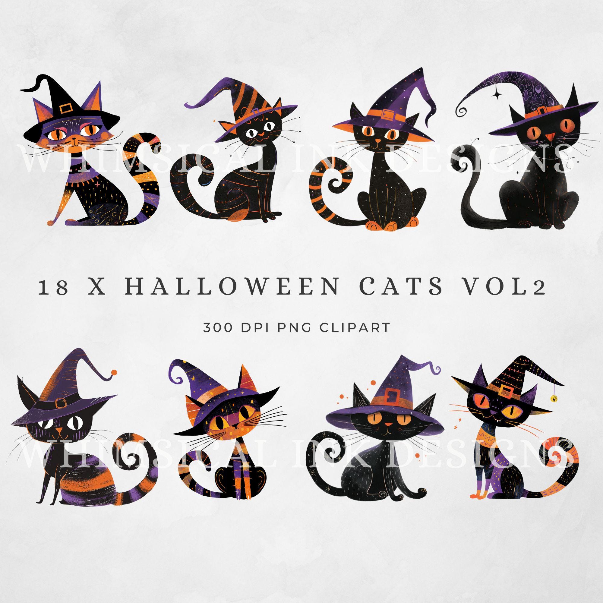 Quirky Cat Halloween Clipart, Halloween Cat Clipart, Cute Watercolor ...