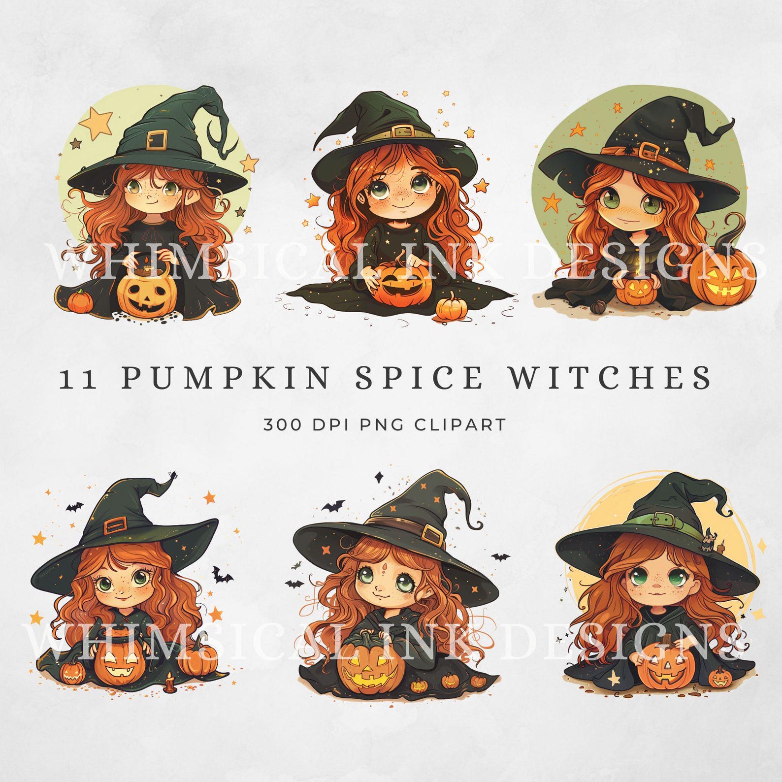Pumpkin Spice Witches, Quirky Cute Witch Clipart, Halloween Clip Art ...