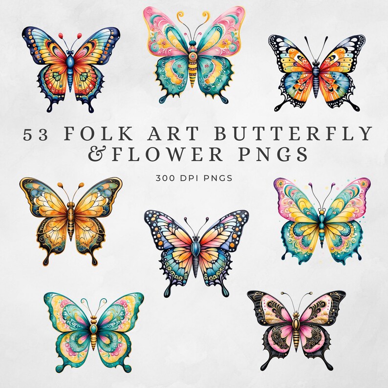 Folk Butterfly Clipart, Folk Art Clip Art Butterflies, Watercolour Art ...