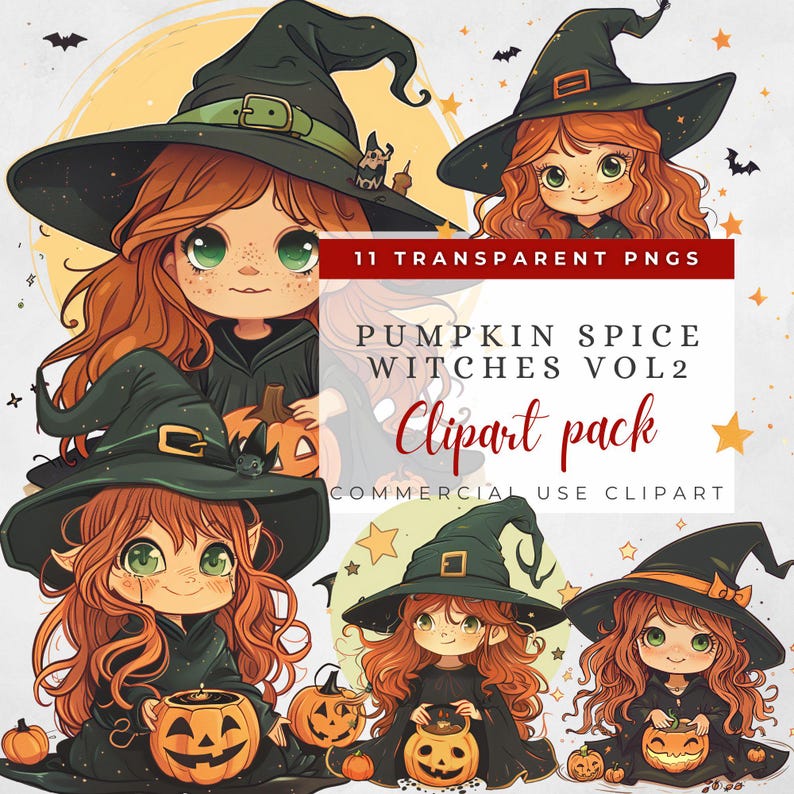 Pumpkin Spice Witches, Quirky Cute Witch Clipart, Halloween Clip Art ...