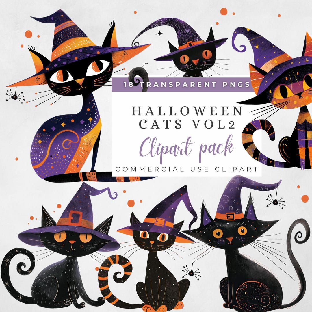 Quirky Cat Halloween Clipart, Halloween Cat Clipart, Cute Watercolor ...