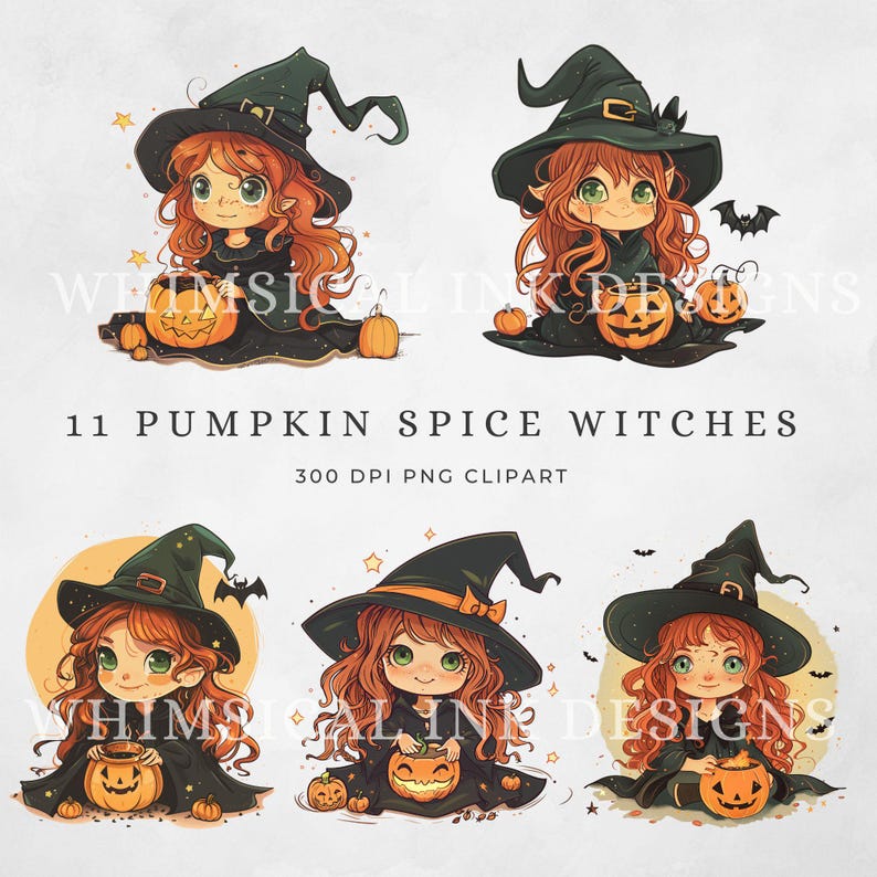 Pumpkin Spice Witches, Quirky Cute Witch Clipart, Halloween Clip Art ...