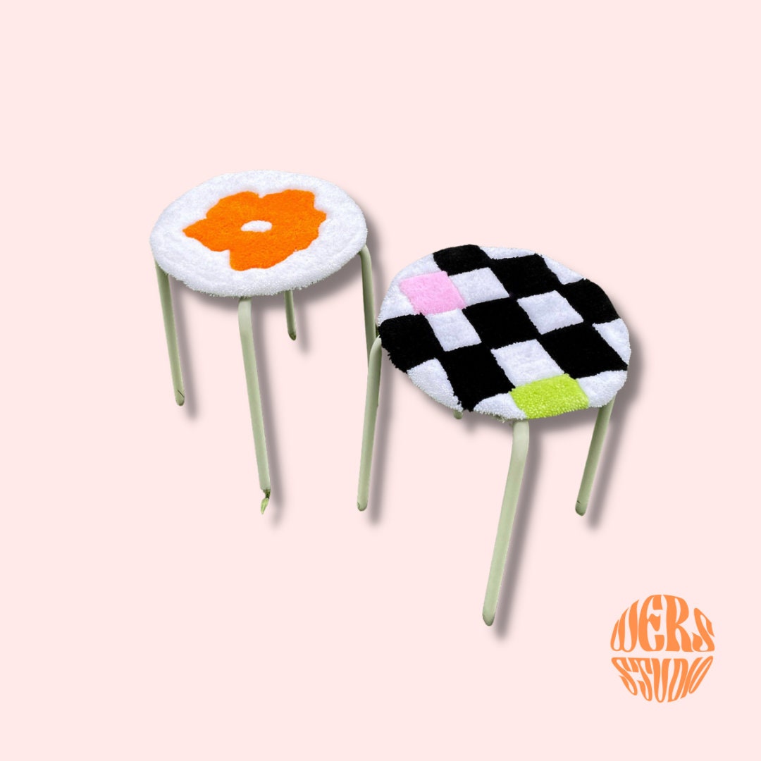 Unique Checkerboard Tufted Stool and Tufted Stool With Flower | Home ...