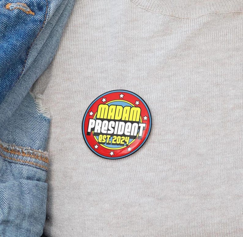 Kamala Harris Superhero Logo Pin Button, Madam President Est 2024 Pin ...