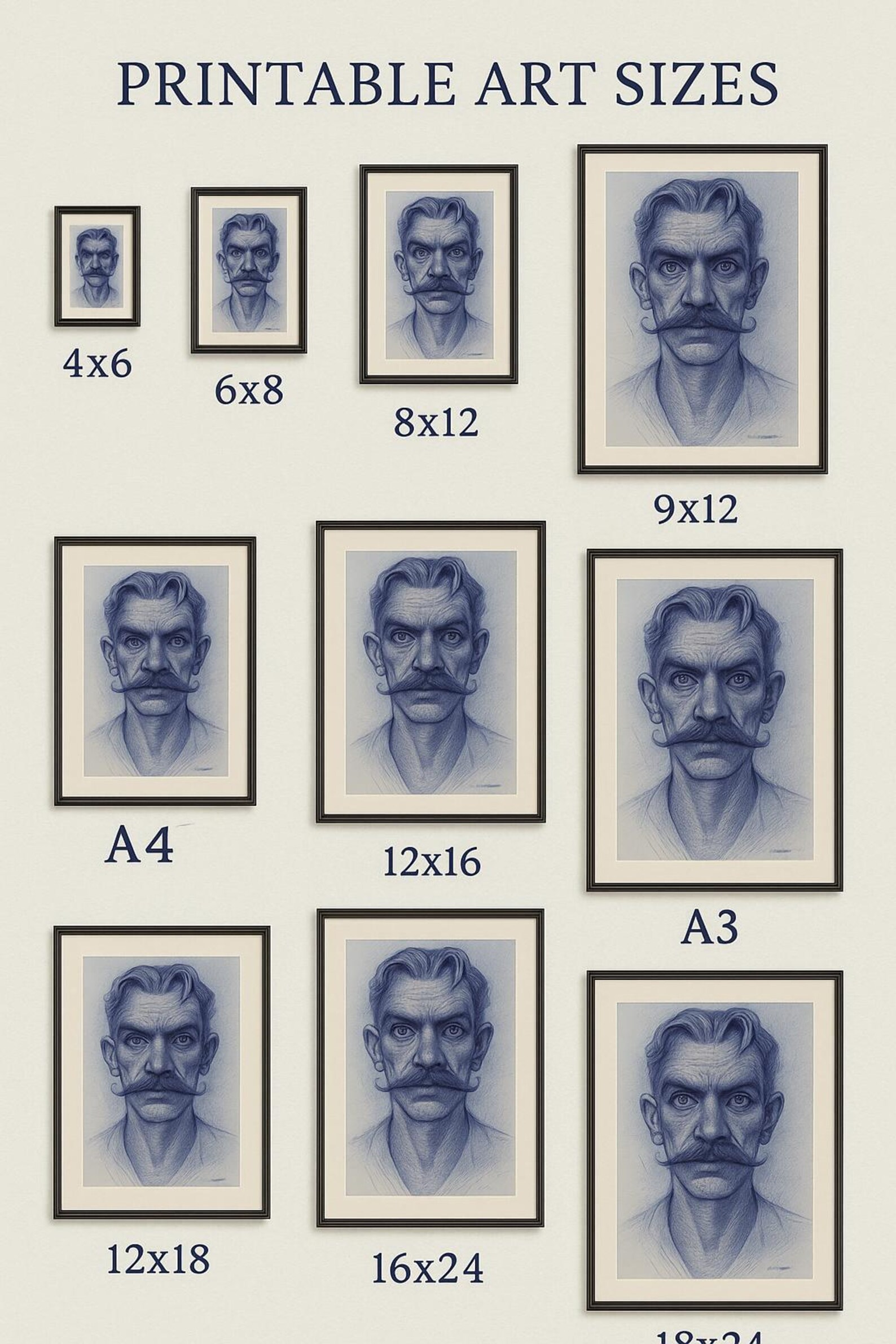 Blue Ink Gentleman Portrait: Vintage Pen Art Print (digital Download ...