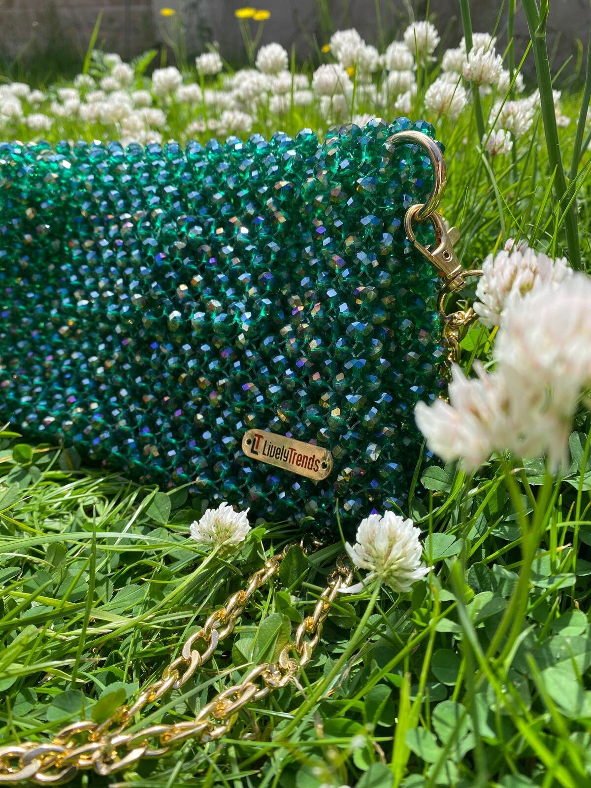 Emerald Green Crystal Beaded Handbag With Double Shoulder Chain ...