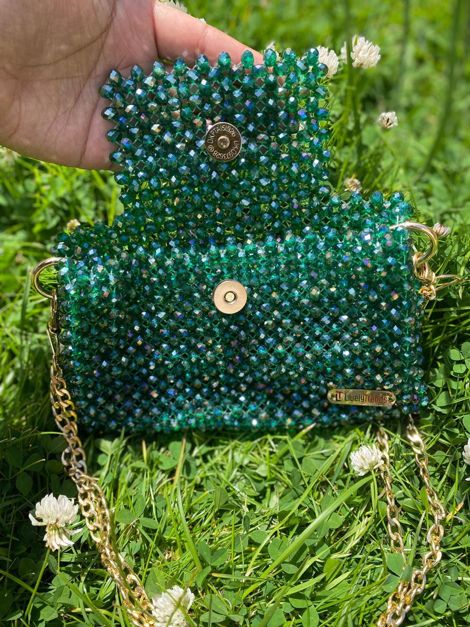 Emerald Green Crystal Beaded Handbag With Double Shoulder Chain ...