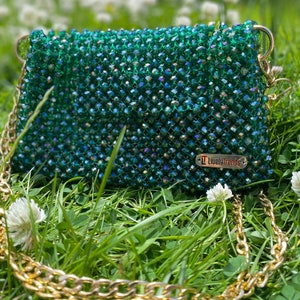 Emerald Green Crystal Beaded Handbag With Double Shoulder Chain ...