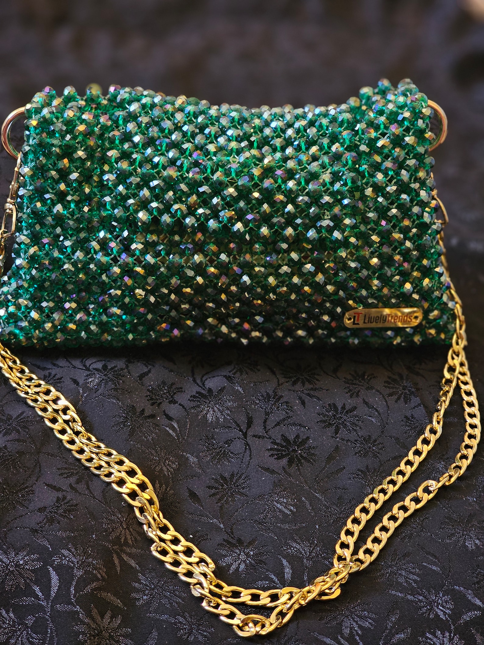 Emerald Green Crystal Beaded Handbag With Double Shoulder Chain ...