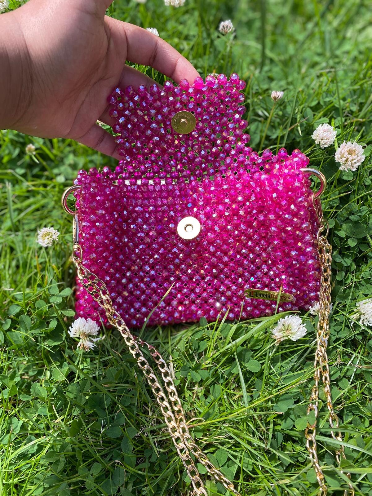 Bright Pink Crystal Beaded Handbag With Shoulder Chain,double Chain ...