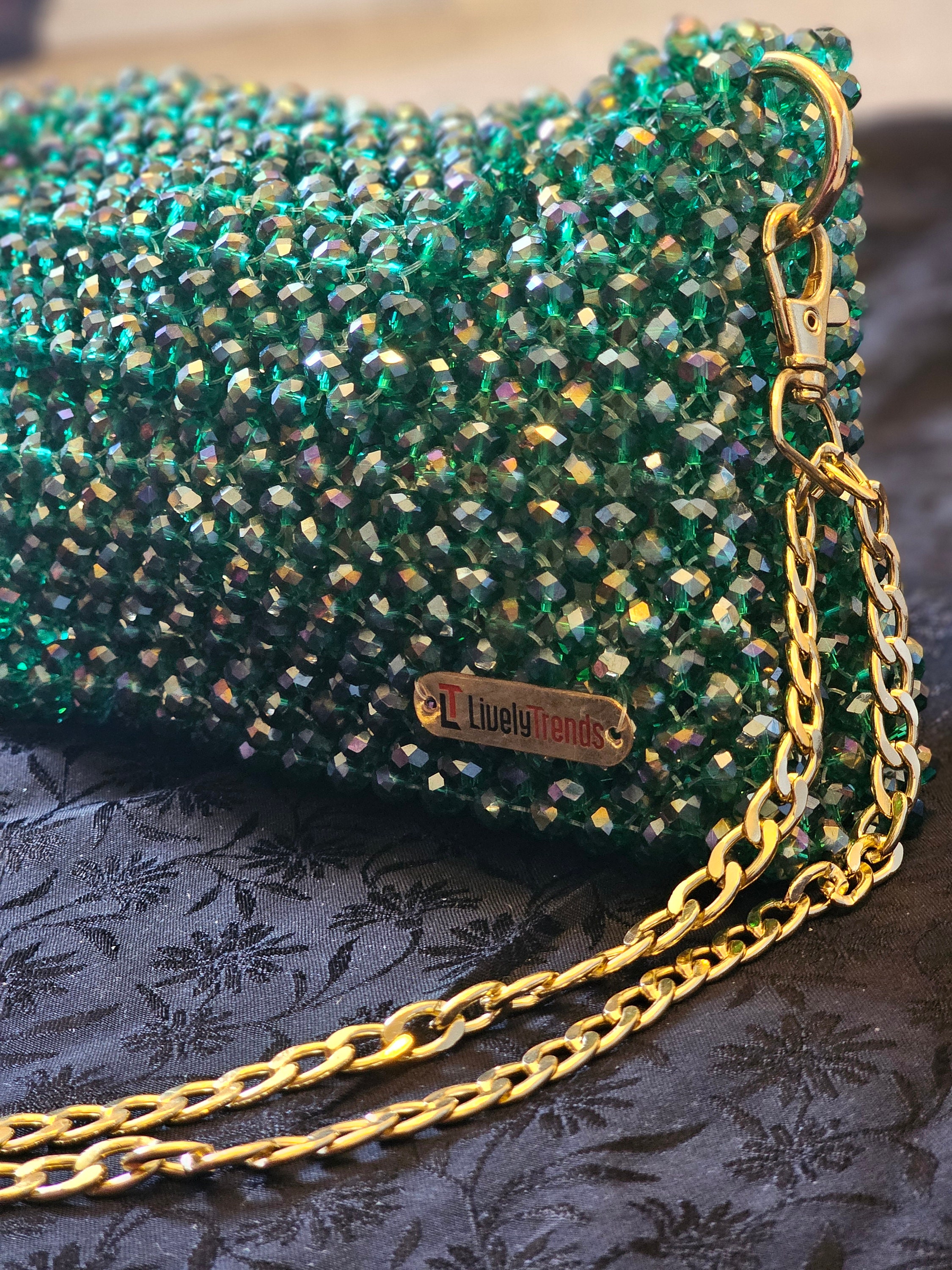 Emerald Green Crystal Beaded Handbag With Double Shoulder Chain ...
