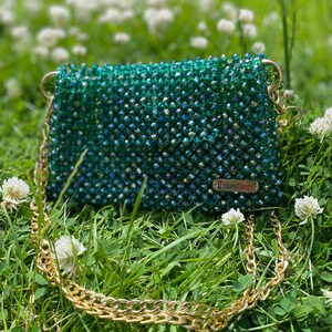 Emerald Green Crystal Beaded Handbag With Double Shoulder Chain ...