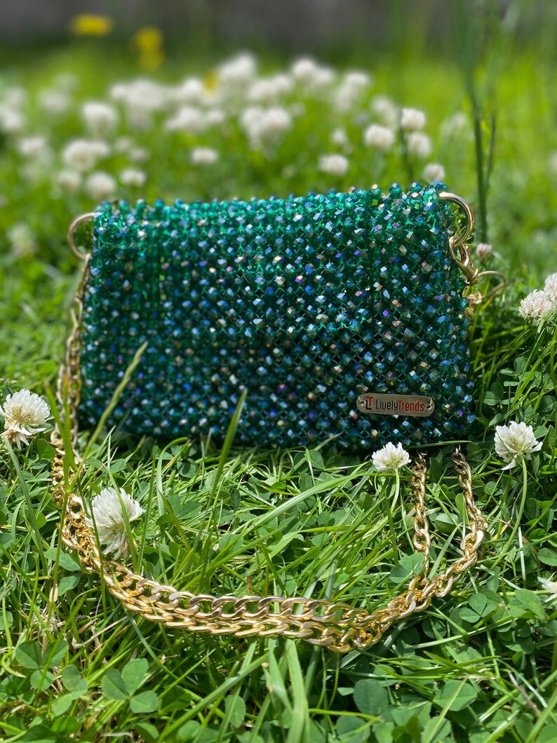 Emerald Green Crystal Beaded Handbag With Double Shoulder Chain ...