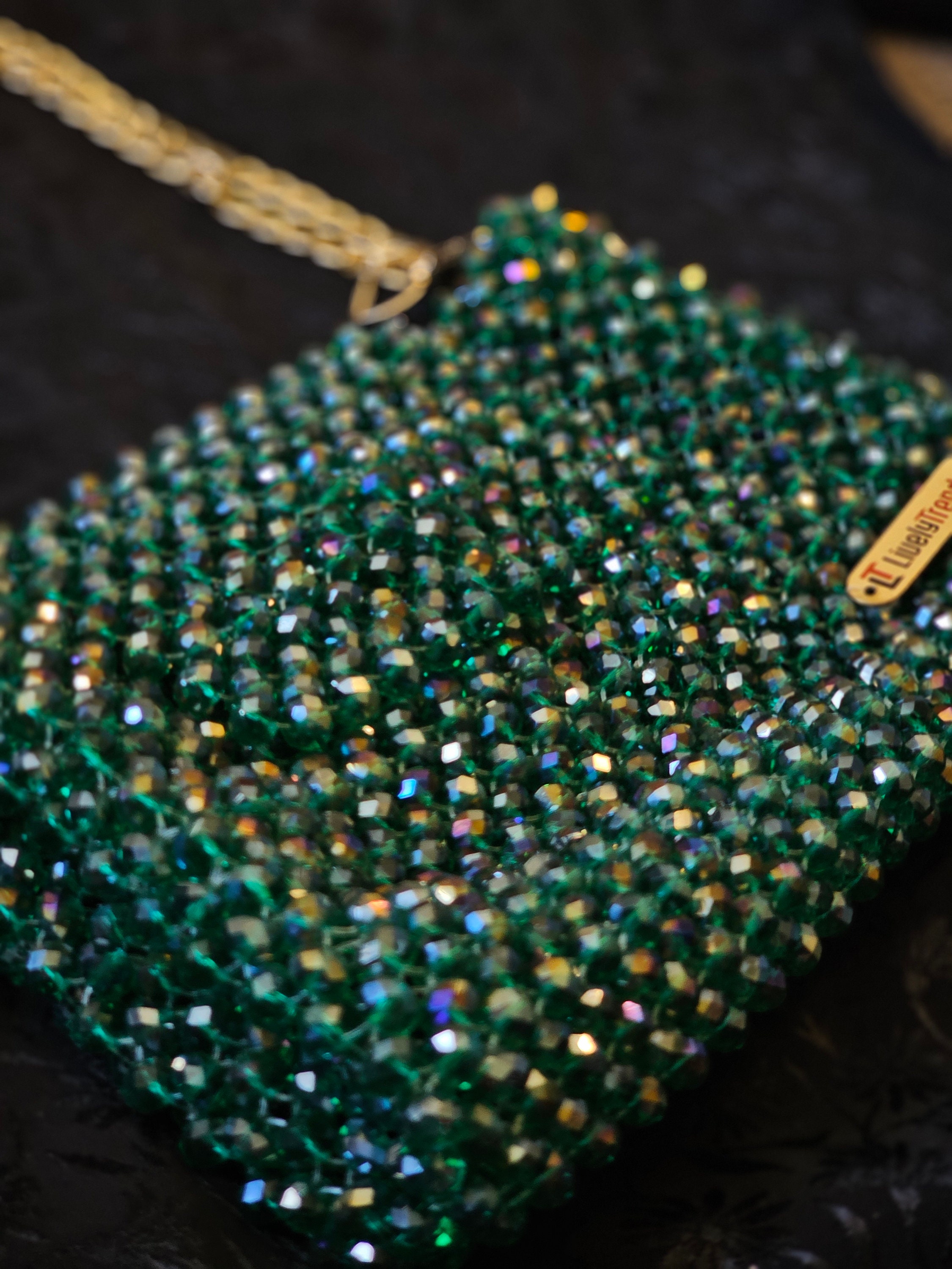 Emerald Green Crystal Beaded Handbag With Double Shoulder Chain ...