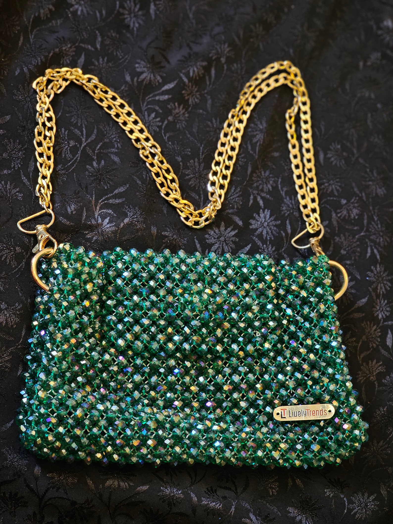 Emerald Green Crystal Beaded Handbag With Double Shoulder Chain ...