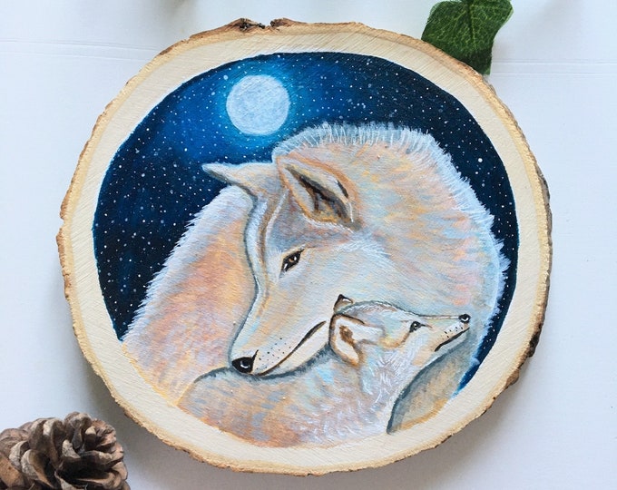 Mother Love Wolf Painted Wood Slice Wolf Art Gift for Mum Wolf Picture ...