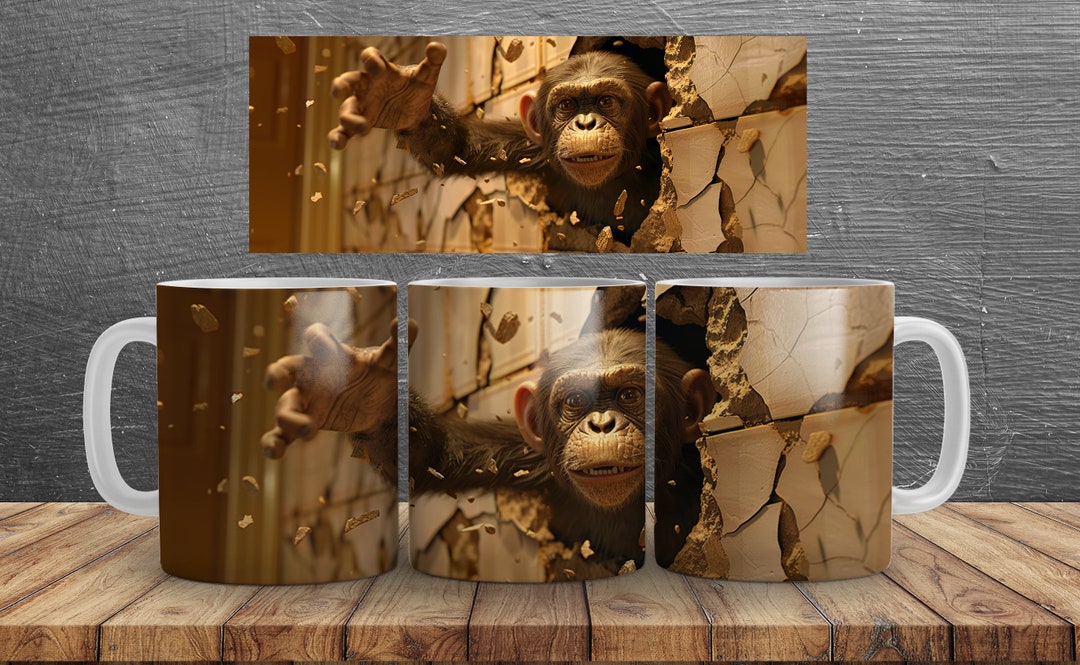 3D Crack in A Wall, Breakthrough With Monkey Mug Wrap, Mug Wrap ...