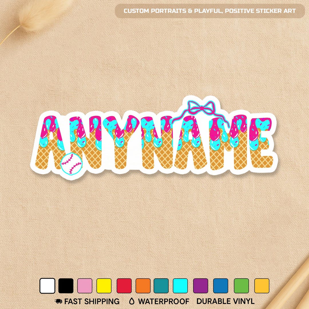 Custom Name Ice Cream Drip Sports Sticker, Personalized Baseball ...