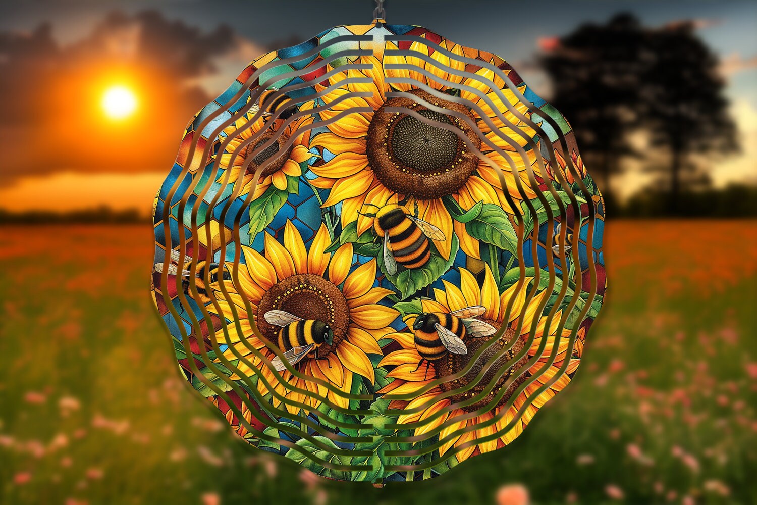 Sunflower and Bee Wind Spinner PNG, Western Wind Spinner Sunflower With ...