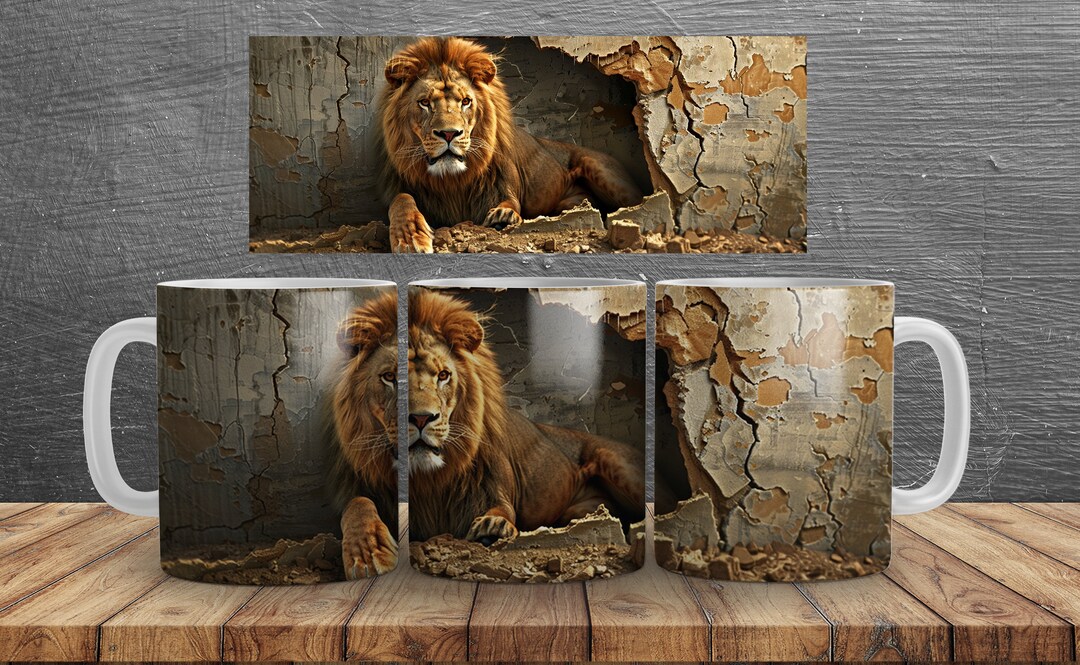 3D Crack in A Wall, Breakthrough With Lion Mug Wrap, Mug Wrap ...